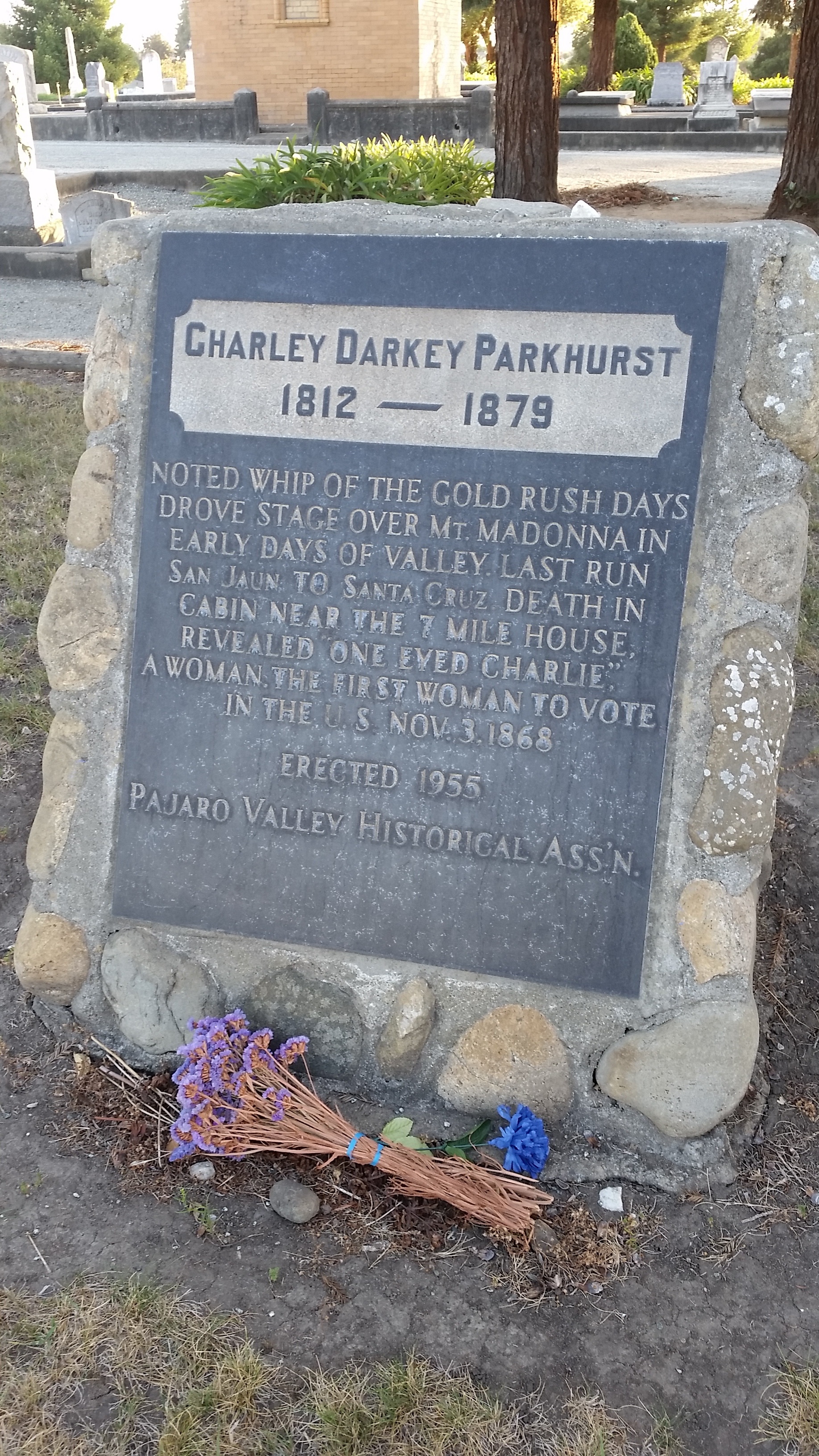 Grave/memorial marker for Charlotte (Charley) Darkey Parkhurst | Pics4Learning